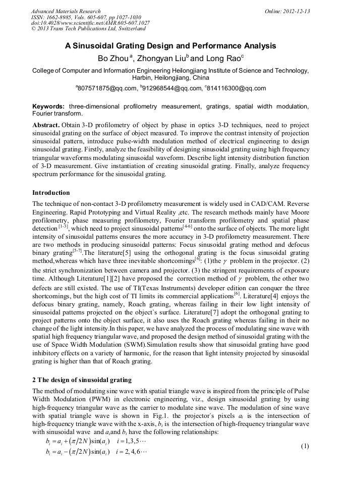A Sinusoidal Grating Design and Performance Analysis | Scientific.Net