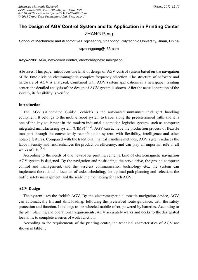 The Design of AGV Control System and its Application in Printing Center ...
