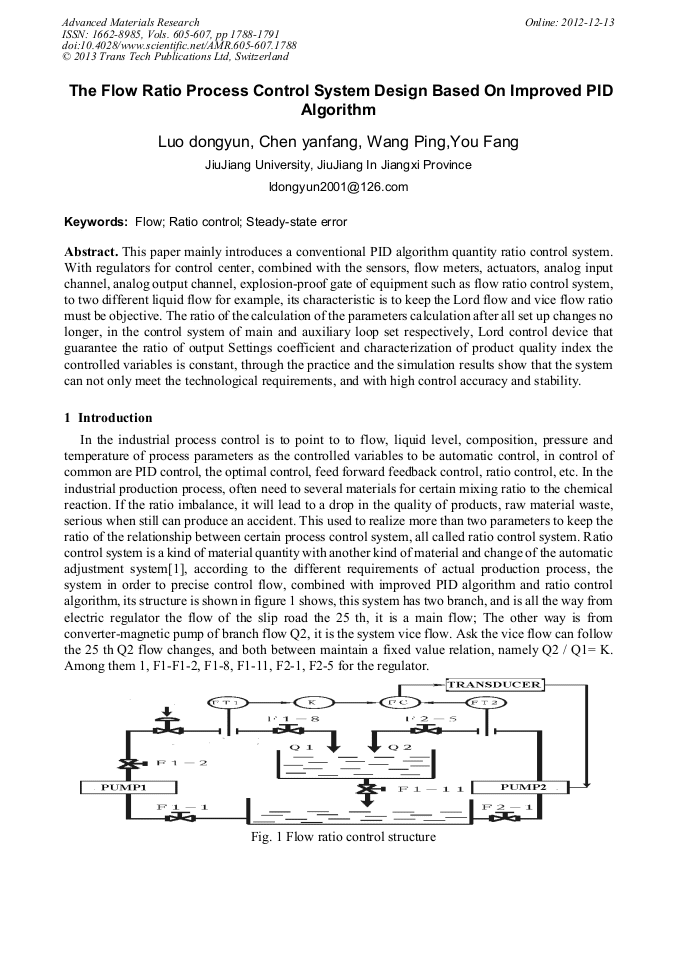The Flow Ratio Process Control System Design Based on Improved PID ...