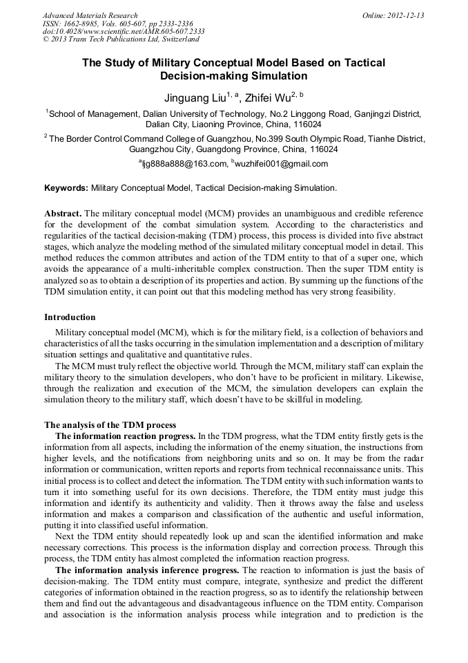 The Study of Military Conceptual Model Based on Tactical Decision ...