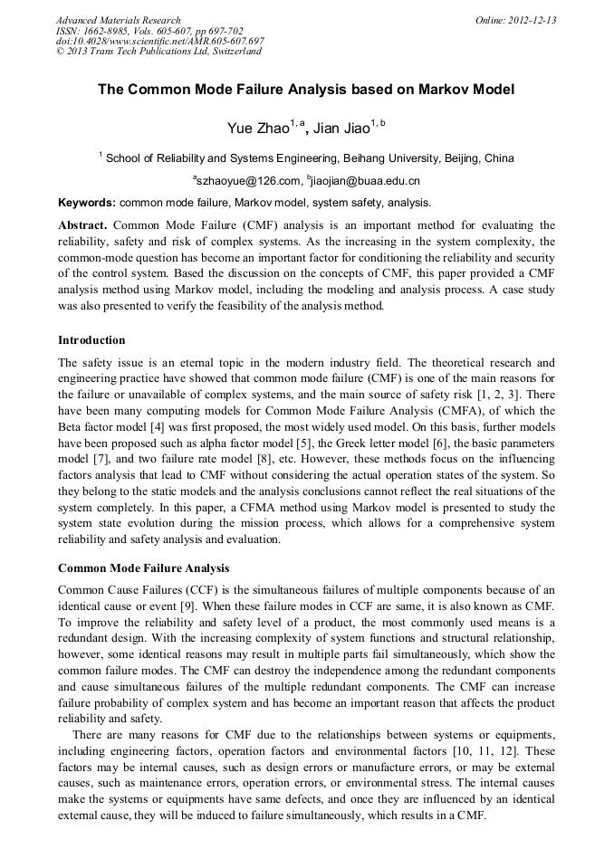 The Common Mode Failure Analysis Based on Markov Model | Scientific.Net