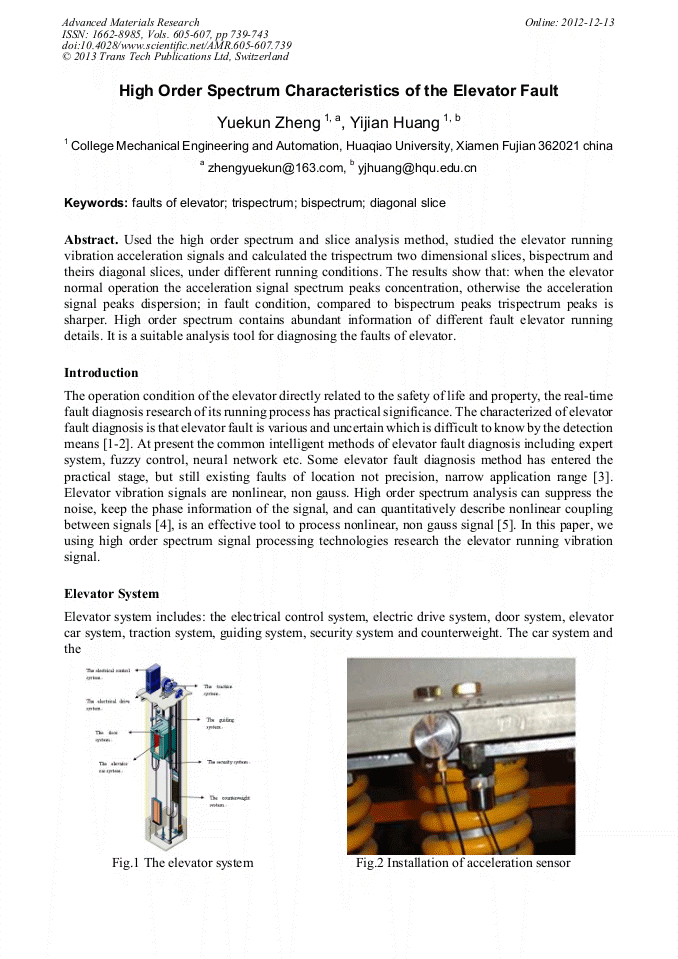 High Order Spectrum Characteristics of the Elevator Fault | Scientific.Net