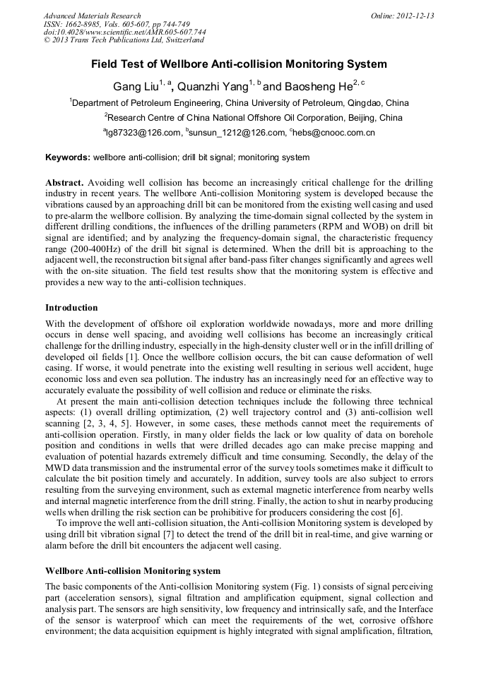 Field Test of Wellbore Anti-Collision Monitoring System | Scientific.Net