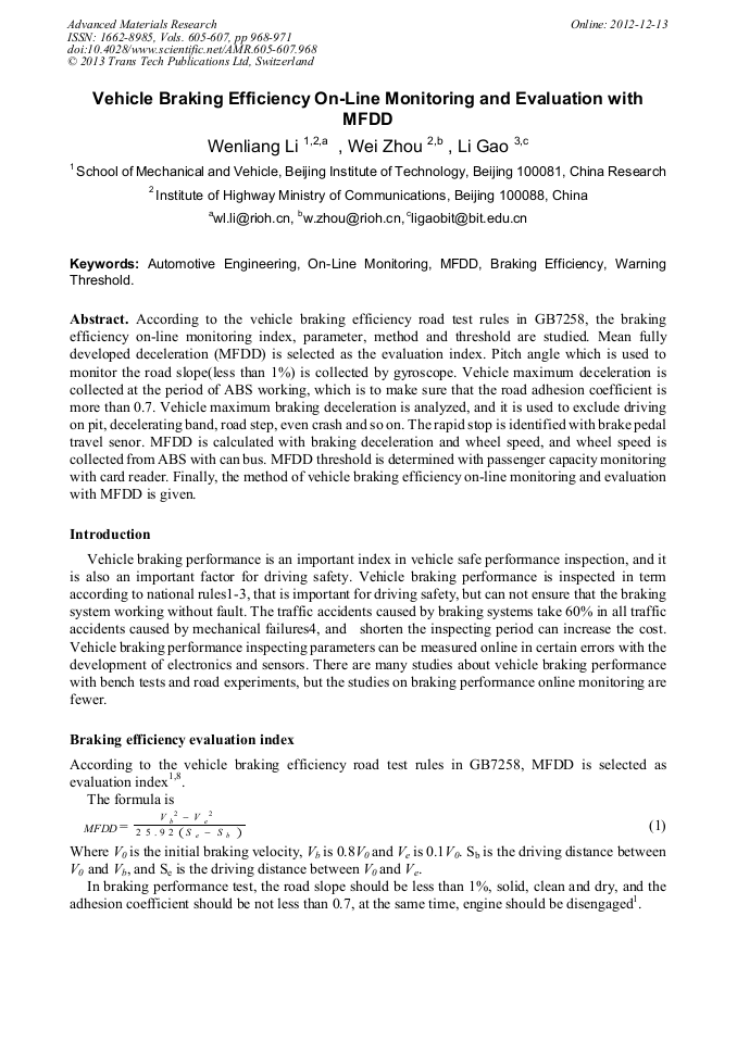 Vehicle Braking Efficiency On-Line Monitoring and Evaluation with MFDD ...
