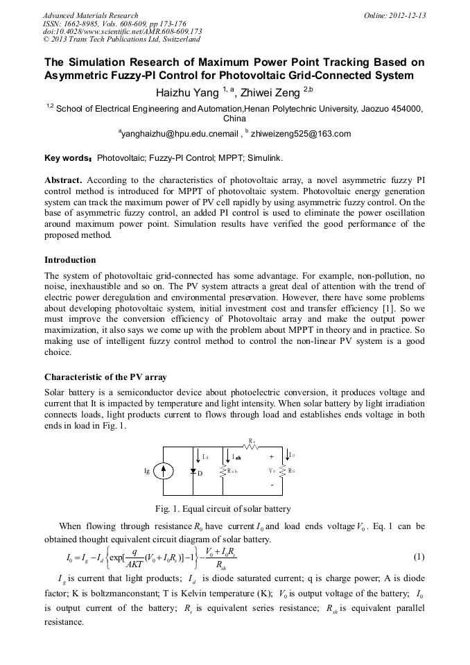 The Simulation Research of Maximum Power Point Tracking Based on Asymmetric Fuzzy-PI Control for ...
