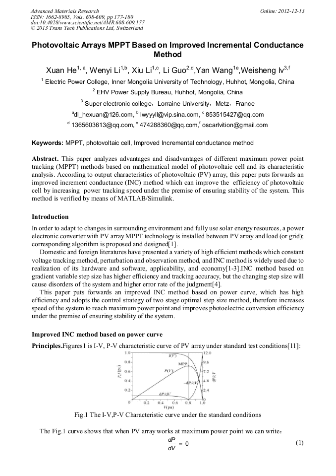 Photovoltaic Arrays MPPT Based on Improved Incremental Conductance ...