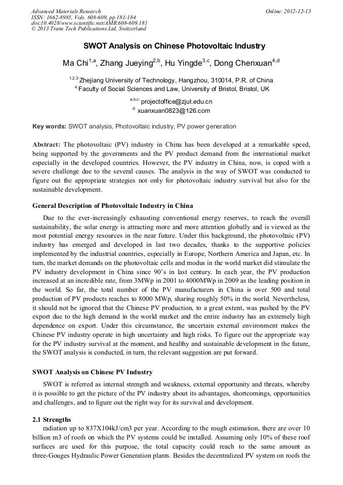 SWOT Analysis on Chinese Photovoltaic Industry | Scientific.Net