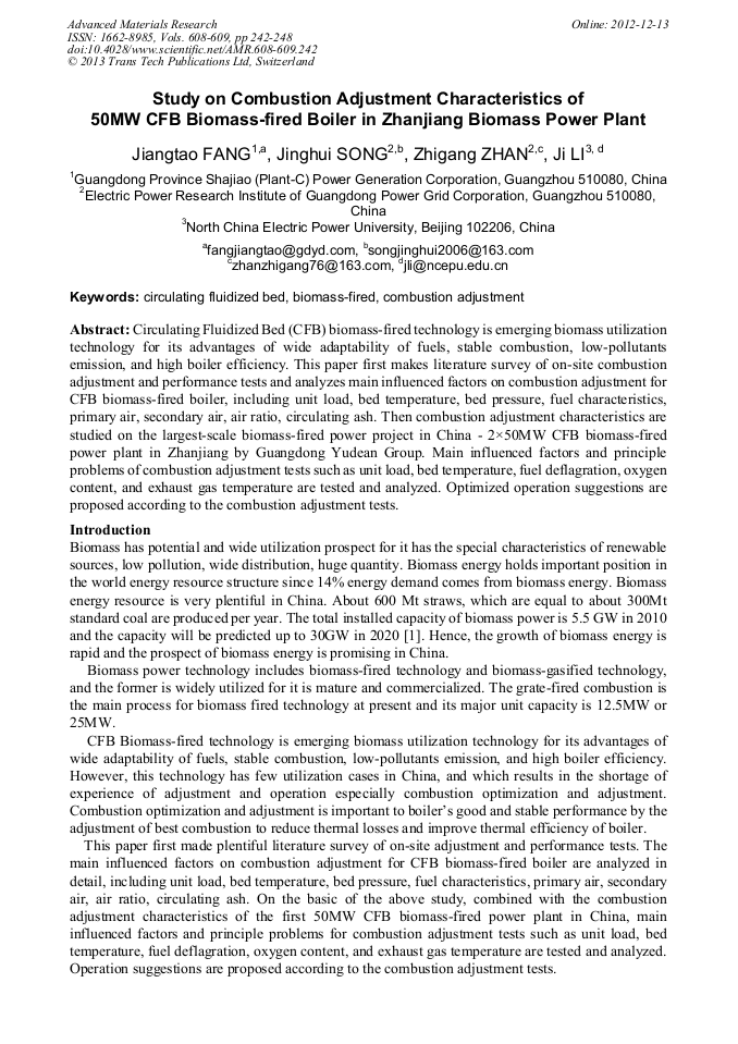 Study on Combustion Adjustment Characteristics of 50MW CFB Biomass ...