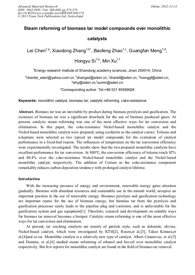Steam Reforming of Biomass Tar Model Compounds over Monolithic ...
