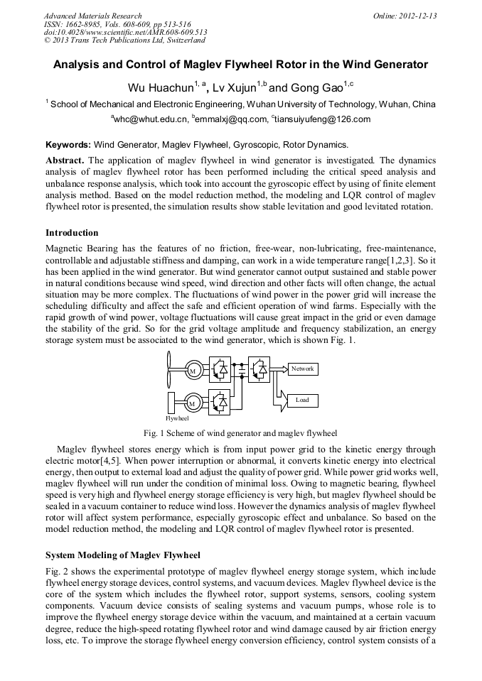 Analysis and Control of Maglev Flywheel Rotor in the Wind Generator ...