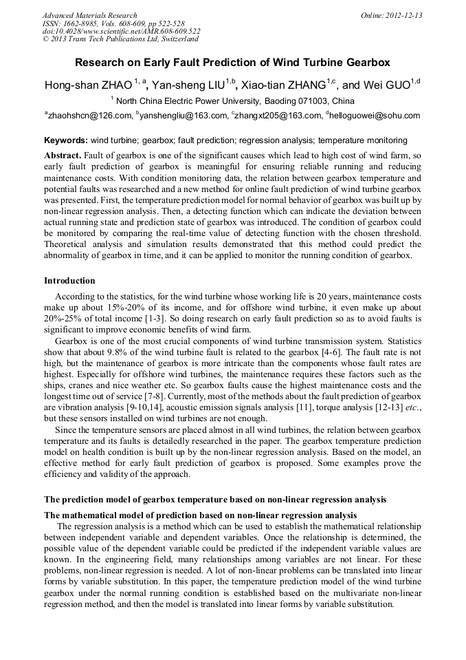 Research on early Fault Prediction of Wind Turbine Gearbox | Scientific.Net
