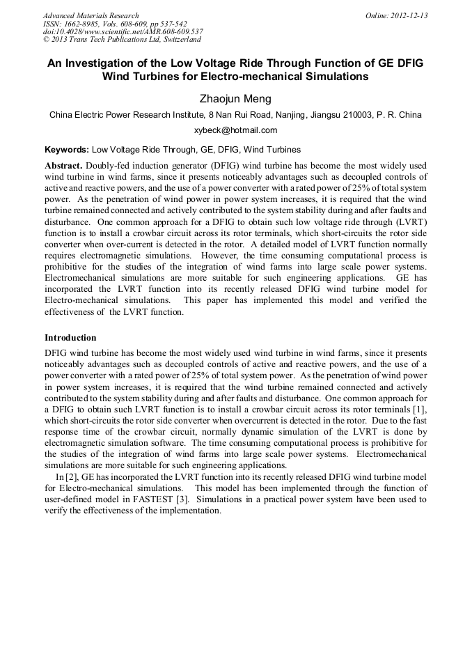 An Investigation of the Low Voltage Ride through Function of GE DFIG ...