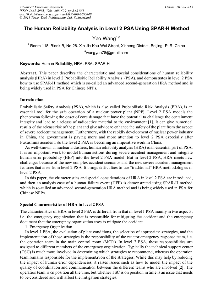 The Human Reliability Analysis in Level 2 PSA Using SPAR-H Method | Scientific.Net