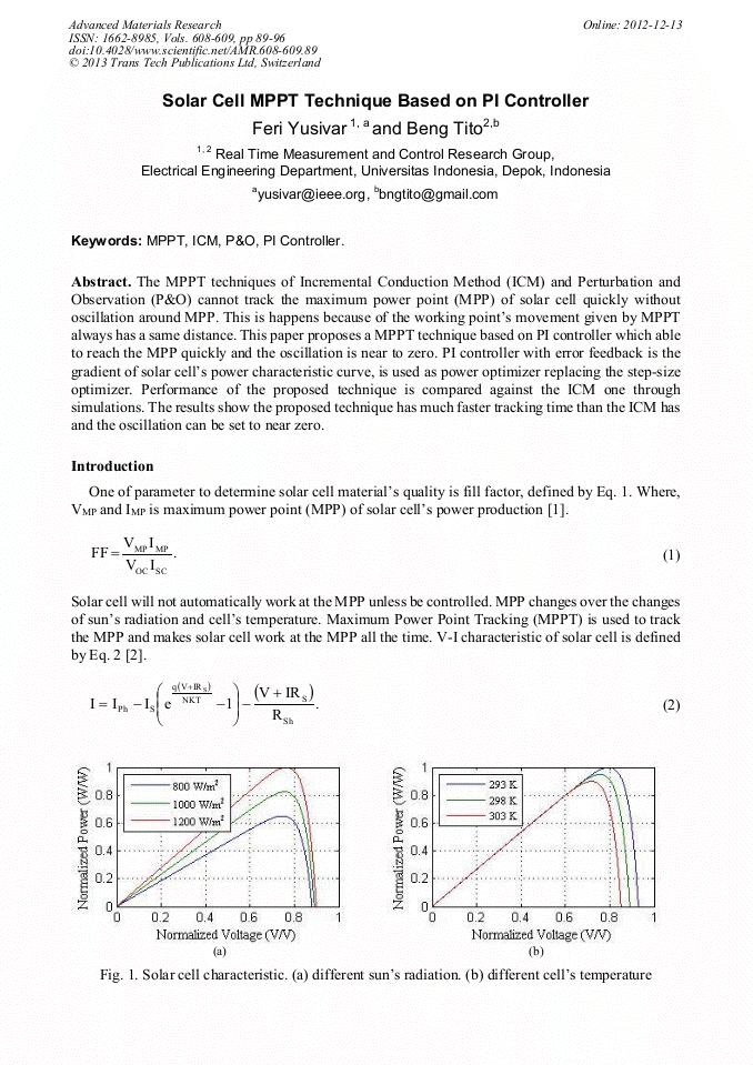 Solar Cell MPPT Technique Based on PI Controller | Scientific.Net