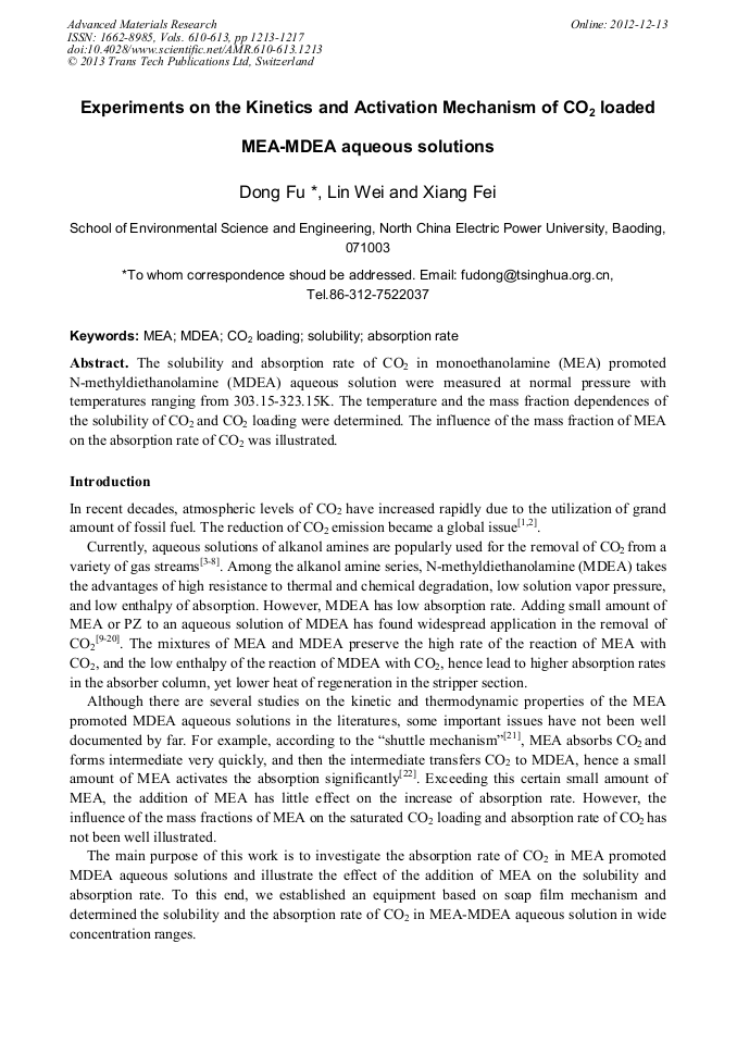 Experiments on the Kinetics and Activation Mechanism of CO2 Loaded MEA ...