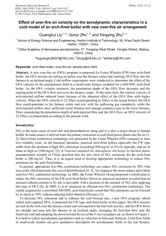 Effect of over-Fire Air Velocity on the Aerodynamic Characteristics in ...
