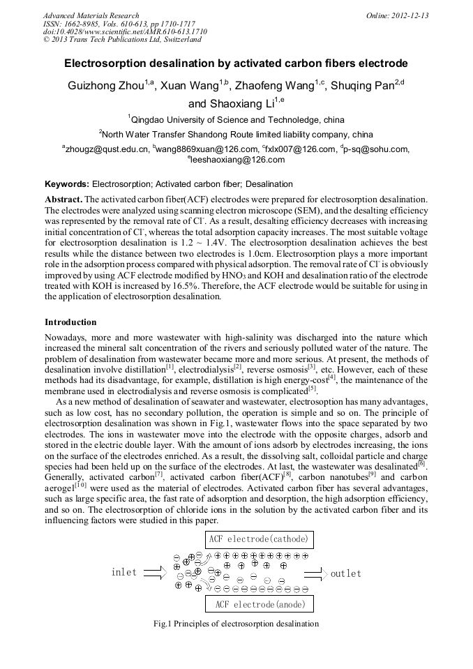 Electrosorption Desalination by Activated Carbon Fibers Electrode ...