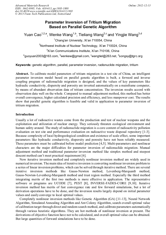 Parameter Inversion of Tritium Migration Based on Parallel Genetic Algorithm | Scientific.Net