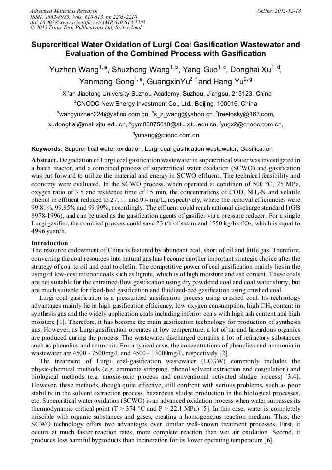 Supercritical Water Oxidation of Lurgi Coal Gasification Wastewater and ...