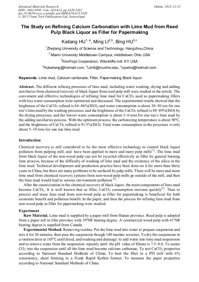 The Study on Refining Calcium Carbonation with Lime Mud from Reed Pulp ...