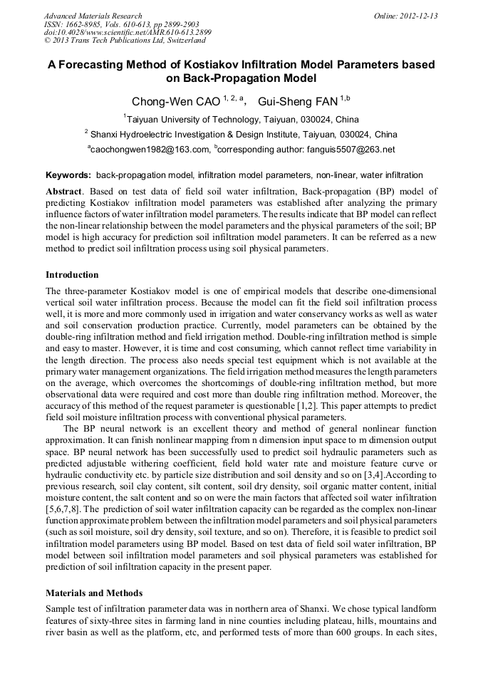 A Forecasting Method of Kostiakov Infiltration Model Parameters Based ...