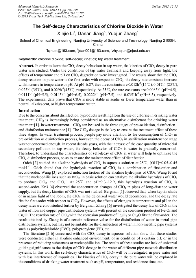 The Self-Decay Characteristics of Chlorine Dioxide in Water ...