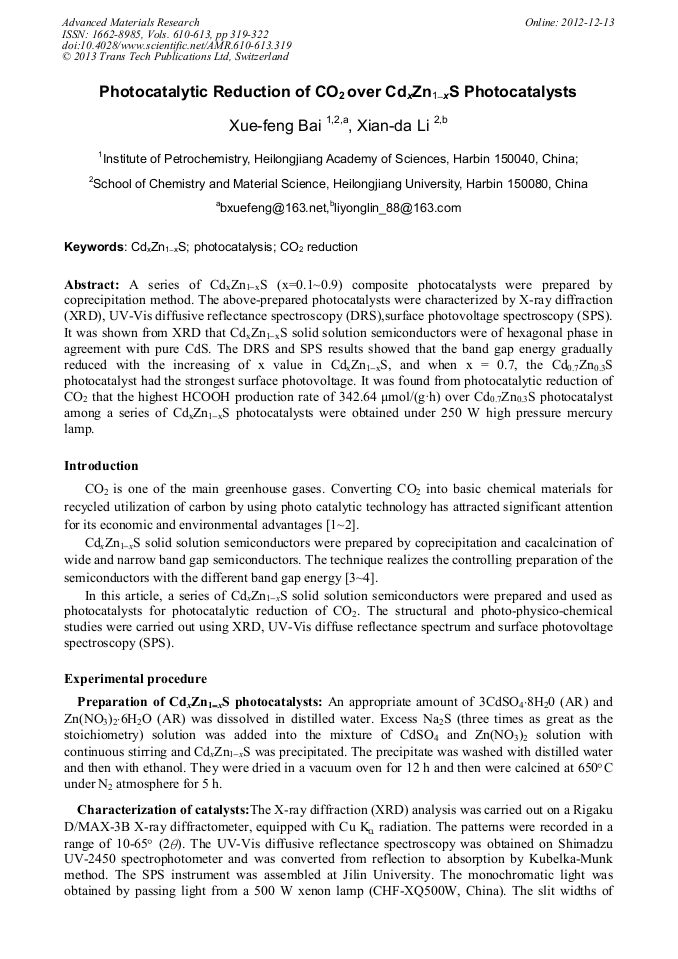 Photocatalytic Reduction of CO2 over CdxZn1-xS Photocatalysts ...