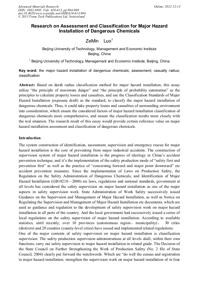 Research on Assessment and Classification for Major Hazard Installation ...