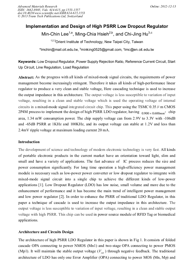Implementation and Design of High PSRR Low Dropout Regulator ...