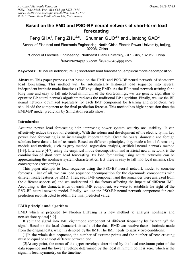 Based On The Emd And Pso Bp Neural Network Of Short Term Load Forecasting Scientific Net