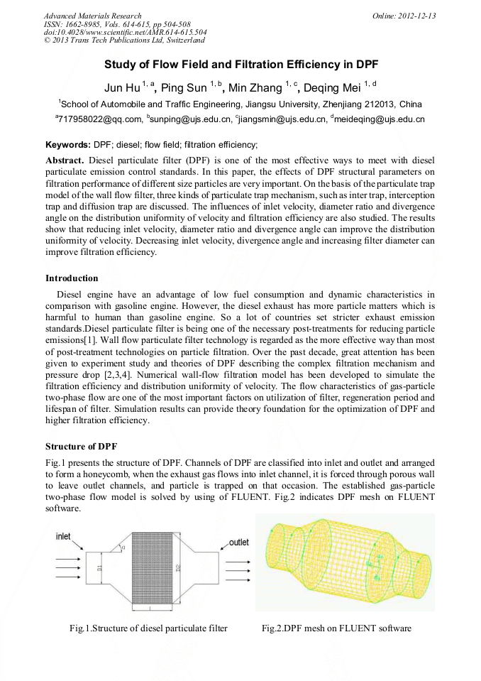 Study of Flow Field and Filtration Efficiency in DPF | Scientific.Net