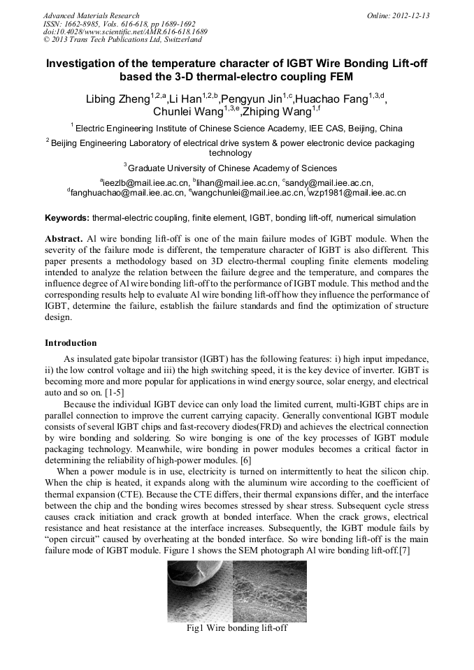 Investigation of the Temperature Character of IGBT Wire Bonding Lift ...