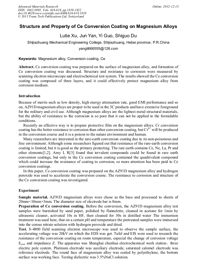 Structure and Property of Ce Conversion Coating on Magnesium Alloys ...