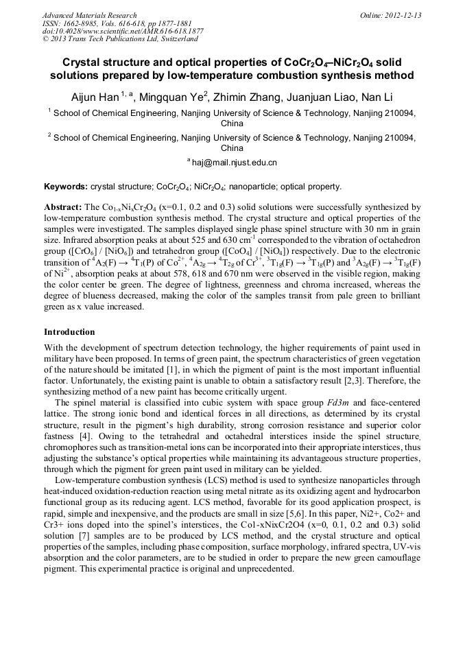Crystal Structure and Optical Properties of CoCr2O4–NiCr2O4 Solid ...