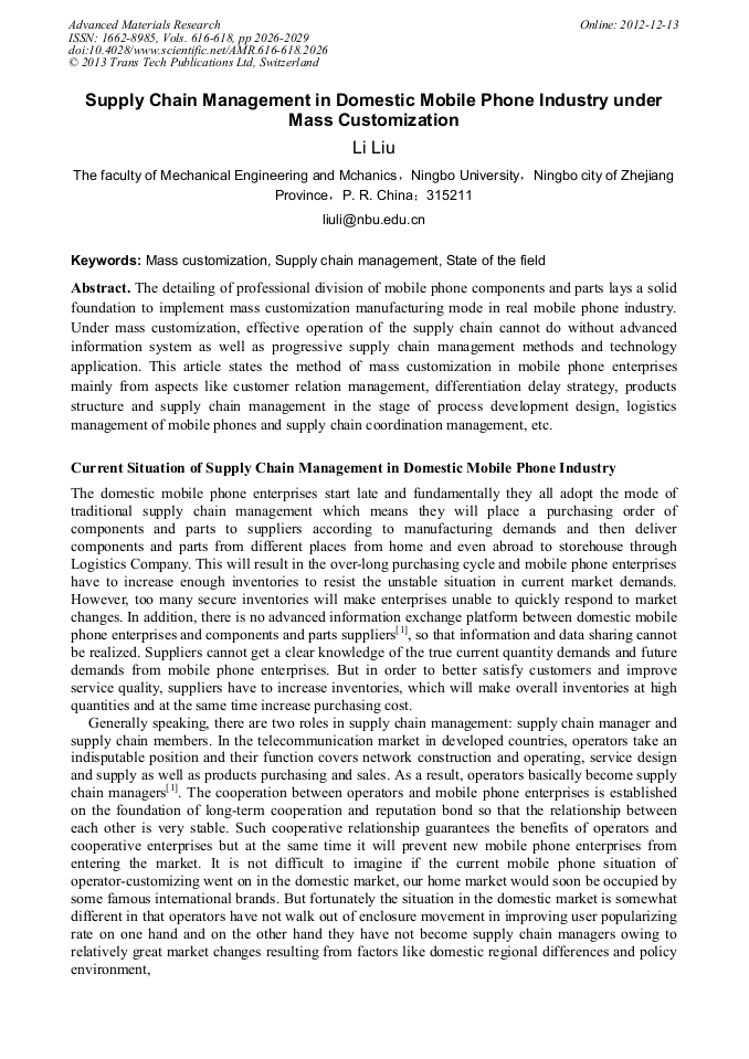 Supply Chain Management in Domestic Mobile Phone Industry under Mass ...
