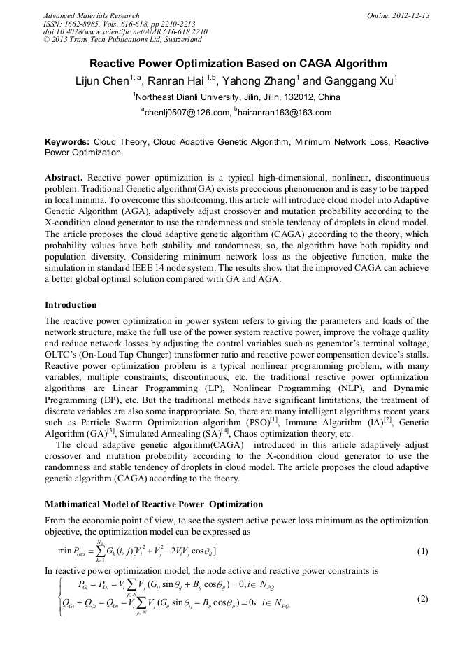 Reactive Power Optimization Based on CAGA Algorithm | Scientific.Net