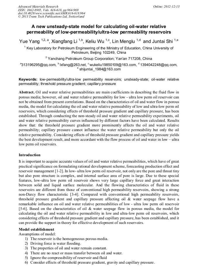 A New Unsteady-State Model for Calculating Oil-Water Relative ...