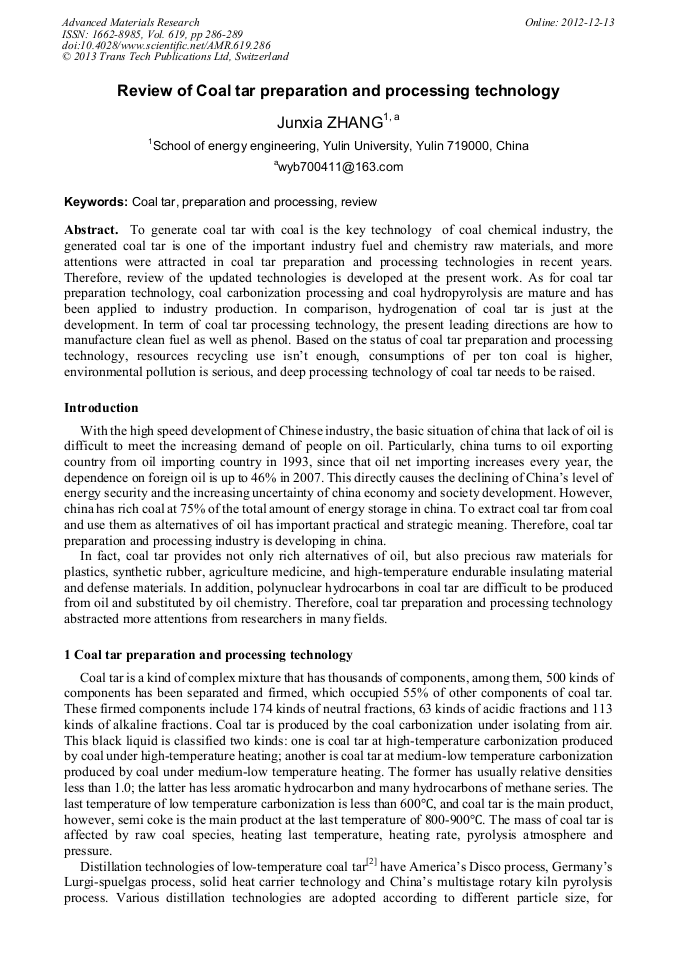 Review of Coal Tar Preparation and Processing Technology | Scientific.Net