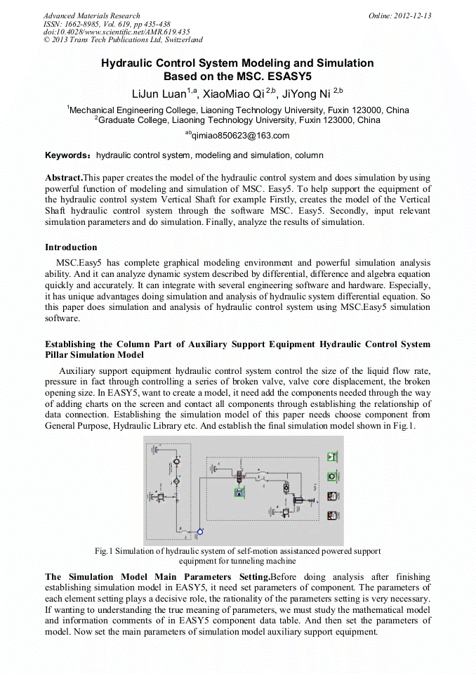 Hydraulic Control System Modeling and Simulation Based on the MSC. Easy5 | Scientific.Net