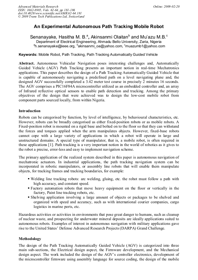 An Experimental Autonomous Path Tracking Mobile Robot | Scientific.Net