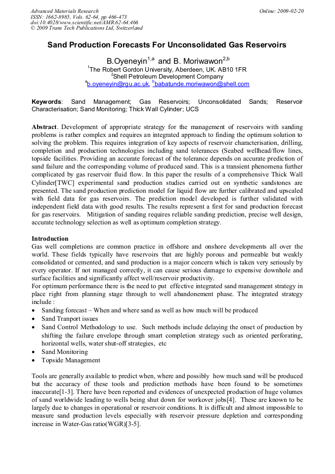Sand Production Forecasts for Unconsolidated Gas Reservoirs ...