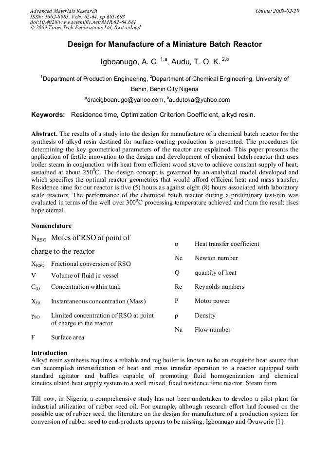 Design for Manufacture of a Miniature Batch Reactor | Scientific.Net