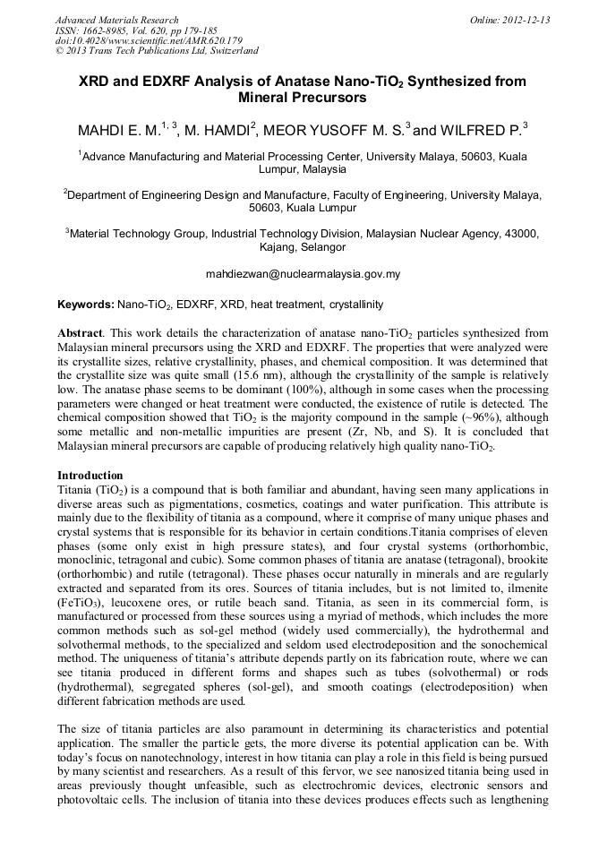 XRD and EDXRF Analysis of Anatase Nano-TiO2 Synthesized from Mineral ...