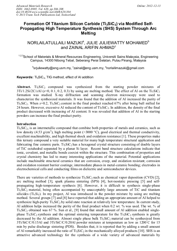 Formation of Titanium Silicon Carbide (Ti3SiC2) via Modified Self ...