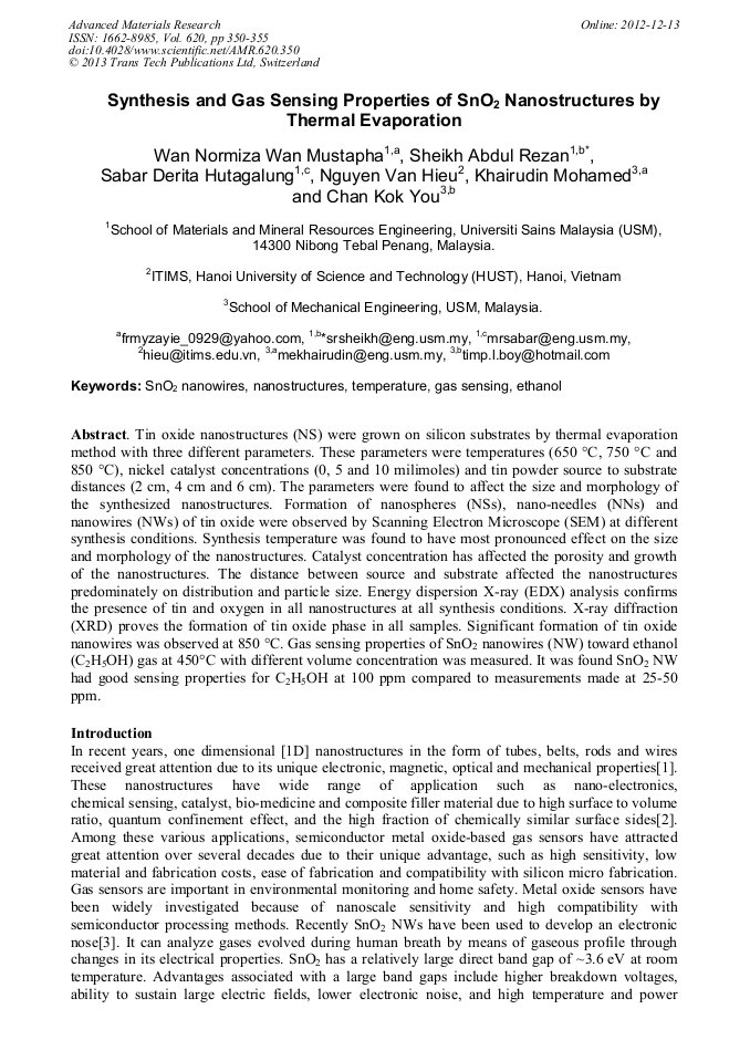 Synthesis and Gas Sensing Properties of SnO2 Nanostructures by Thermal ...