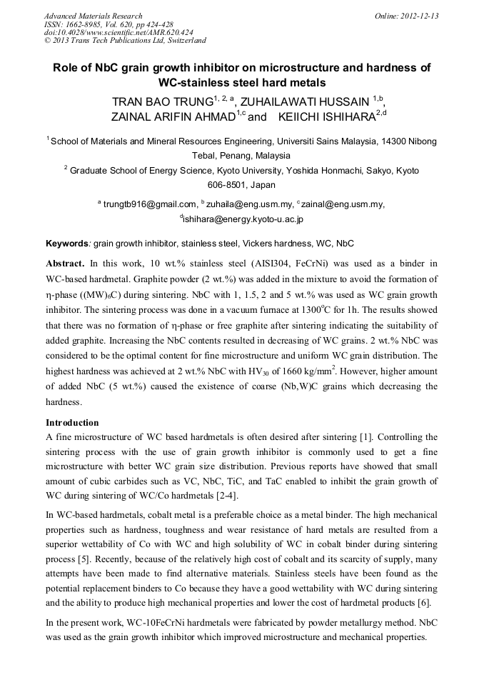 Role of NbC Grain Growth Inhibitor on Microstructure and Hardness of WC ...