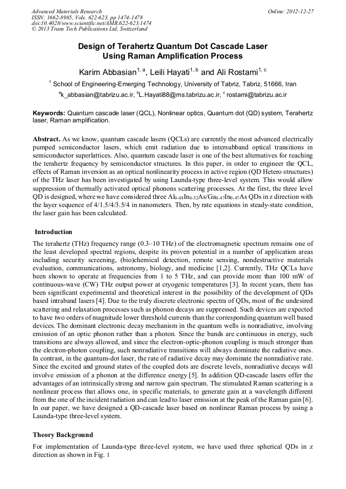 Design of Terahertz Quantum Dot Cascade Laser Using Raman Amplification ...