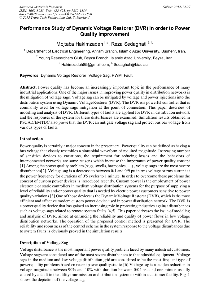 Performance Study of Dynamic Voltage Restorer (DVR) in Order to Power Quality Improvement ...