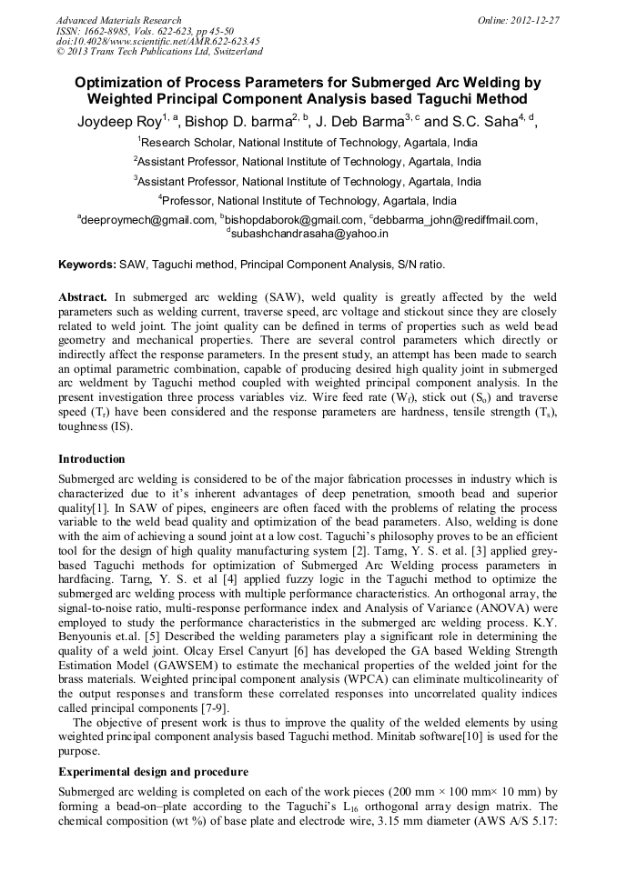 Optimization of Process Parameters for Submerged Arc Welding by Weighted Principal Component ...