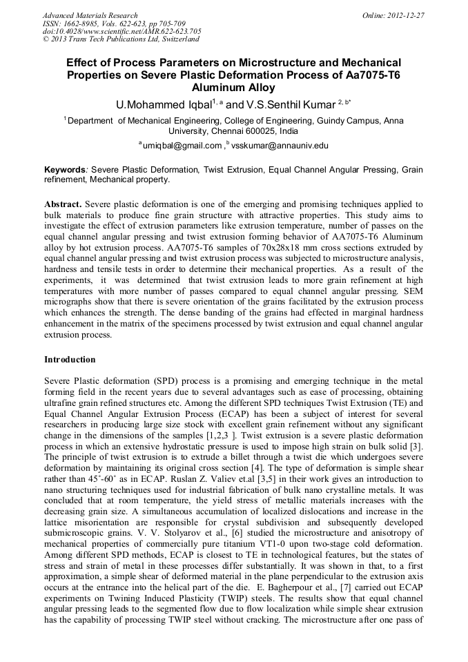 Effect of Process Parameters on Microstructure and Mechanical Properties on Severe Plastic ...